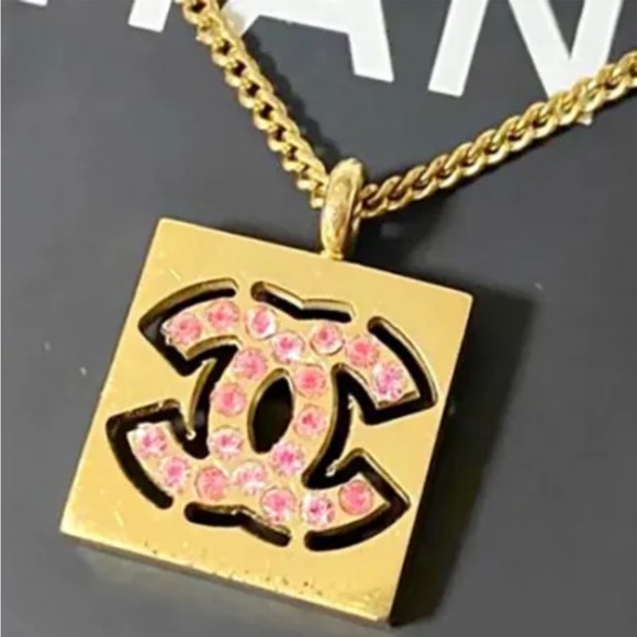 CHANEL | Jewelry | Chanel Cc Logo Pink Rhinestone Square Necklace ...